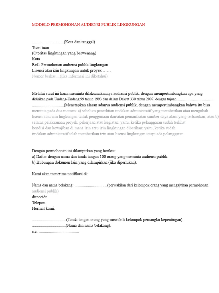 Permohonan Audiensi Publik Lingkungan | PDF