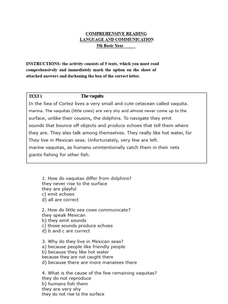 Reading Comprehension Fifth Grade | PDF | Knowledge