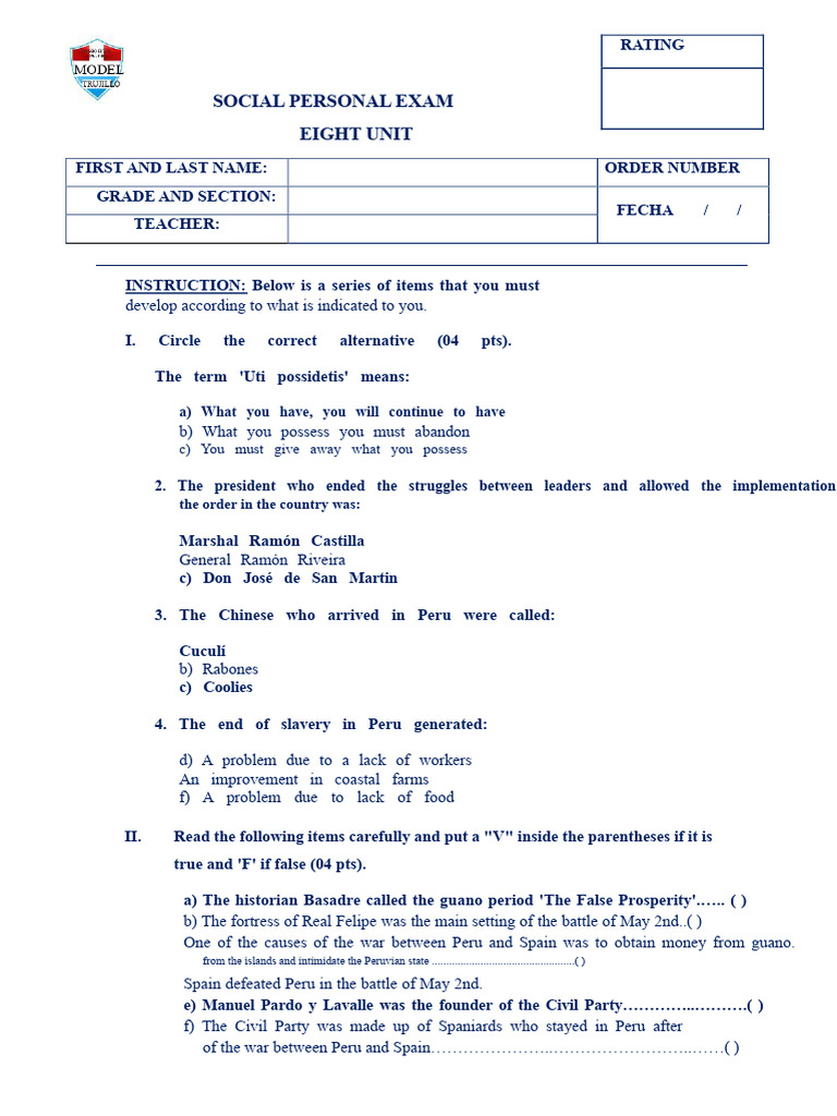 Social Studies Exam | PDF | Peru