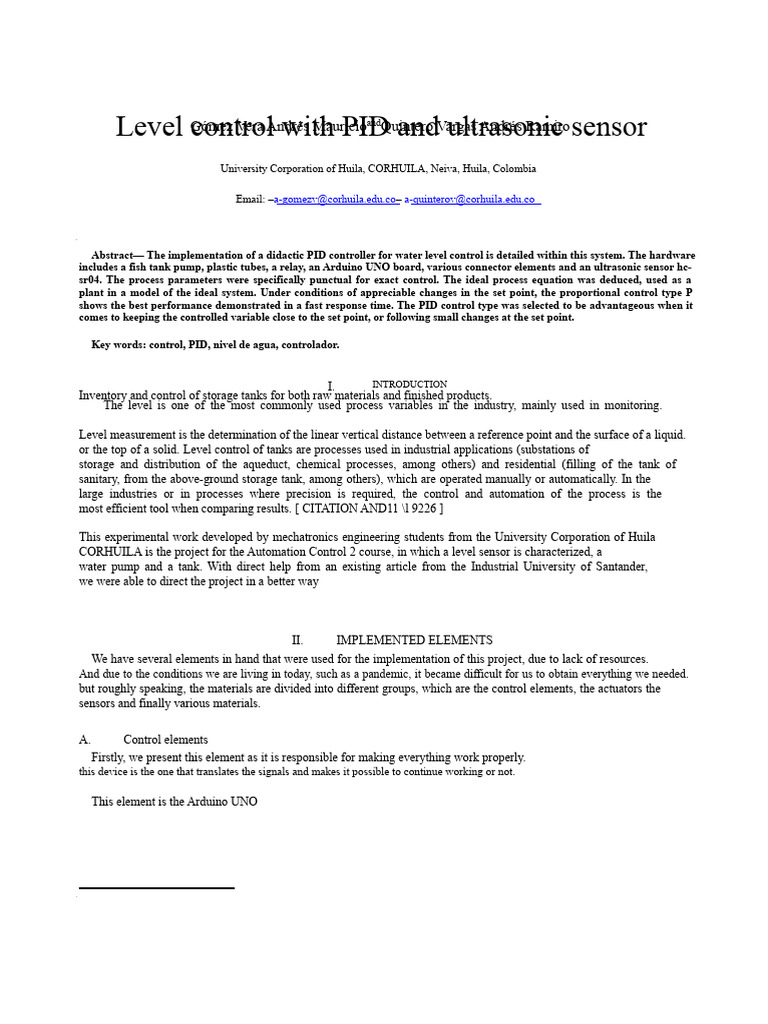 Level Control With PID and Ultrasonic Sensor | PDF | Electrical ...