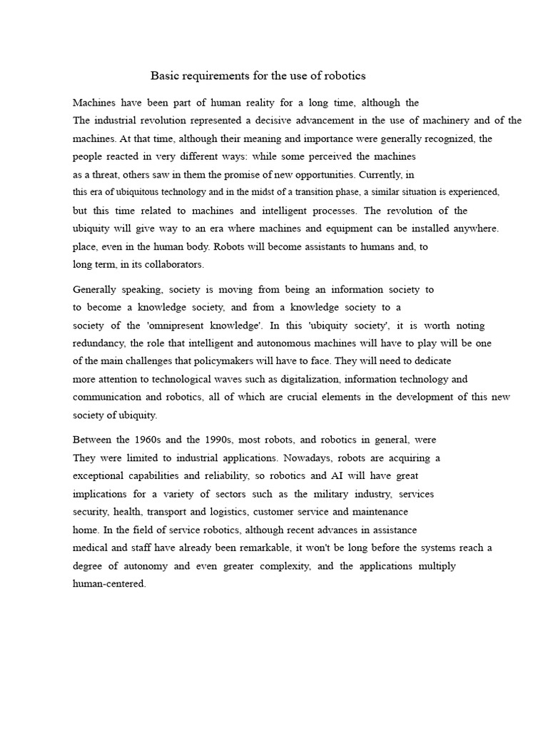 Basic Requirements For The Employment of Robotics | PDF | Robot | Robotics