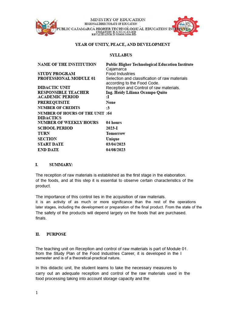 Syllabus Receiving and Control of Raw Material 2023-I | PDF
