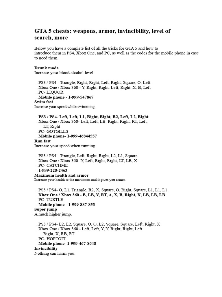 GTA 5 Cheats | PDF