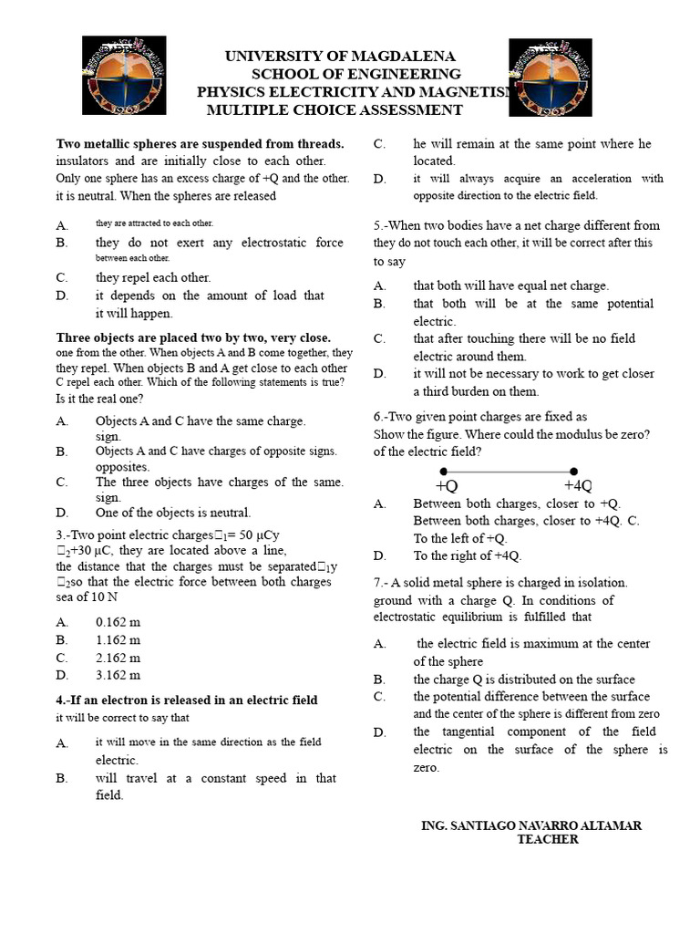 Multiple Choice Test | PDF | Electric Field | Force