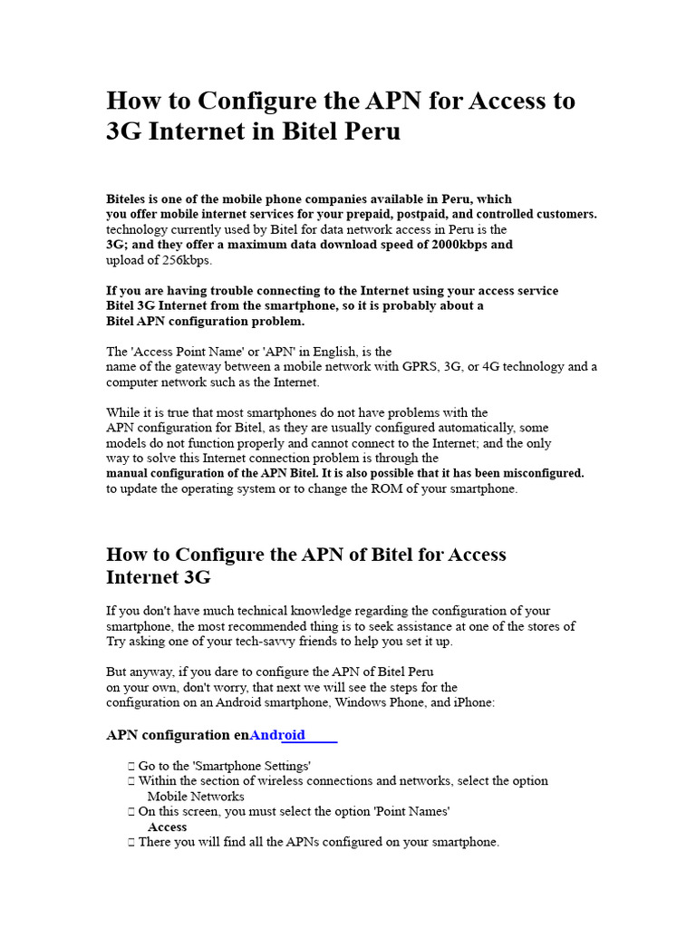 Bitel APN Configuration Guide for Peru | PDF | Smartphone | Information ...