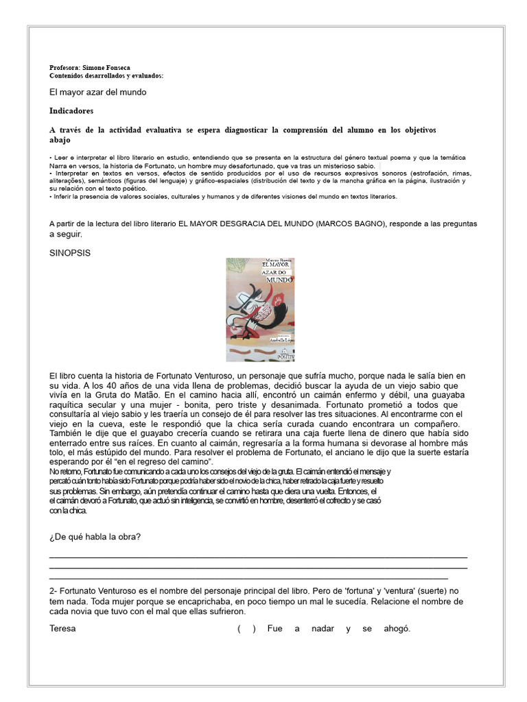 Actividad Libro Literario El Mayor Azar Del Mundo Marcos Bagno | PDF