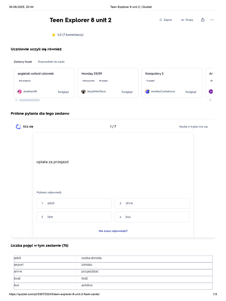 Teen Explorer 8 Unit 2 - Quizlet | PDF