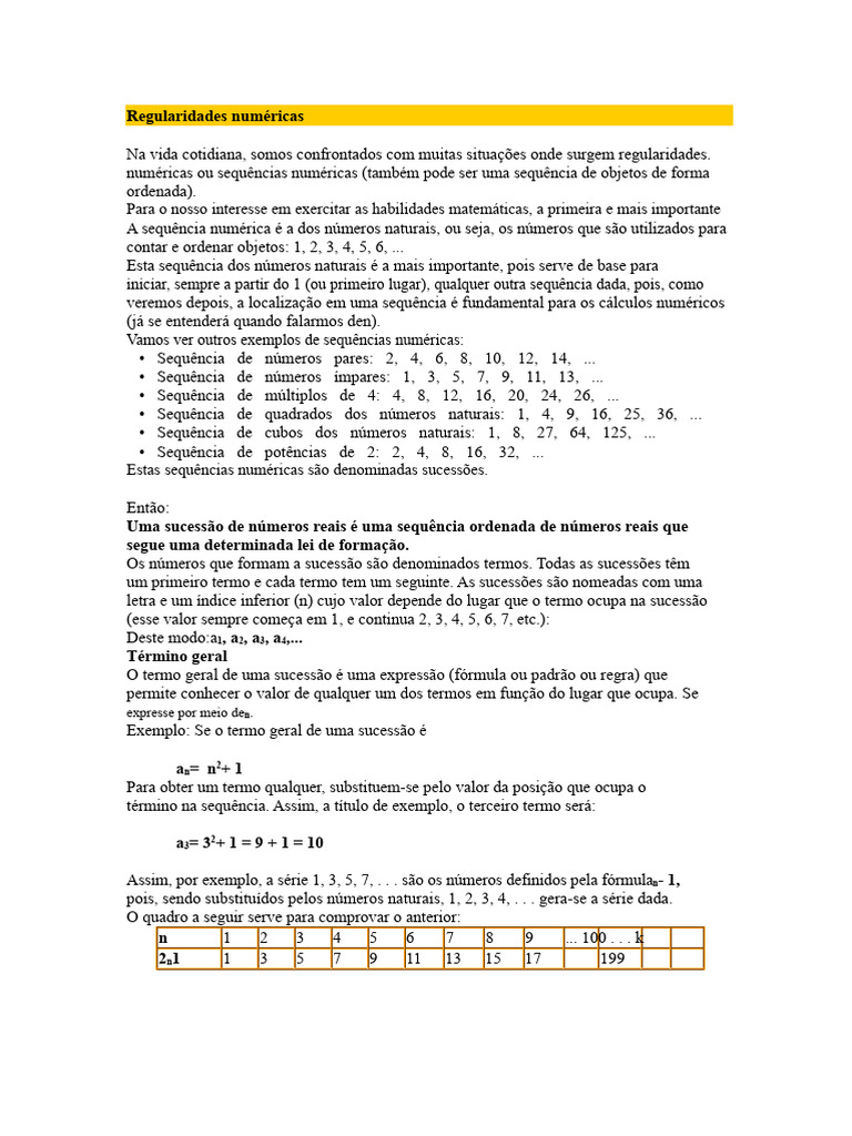 Regularidades Numéricas | PDF | Sequência | Matemática