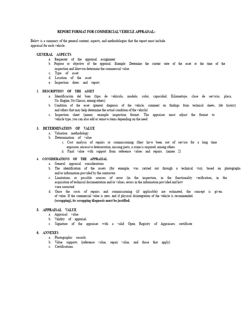 Commercial Vehicle Appraisal Report Format | PDF | Real Estate Appraisal