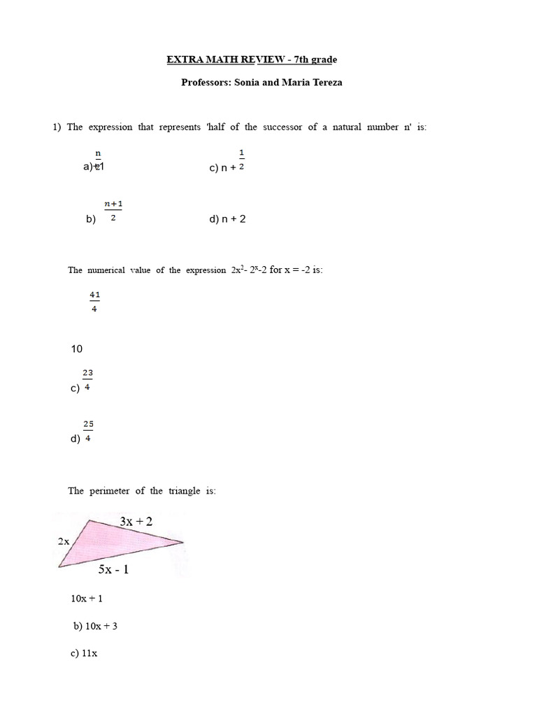 7th Grade Math Review Questions | PDF | Equations | Numbers