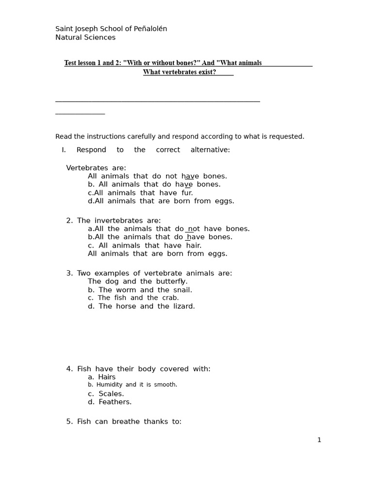 Test On Vertebrate Animals 2nd Grade | PDF | Reptile | Vertebrates