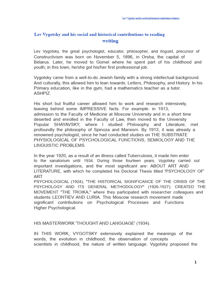 Lev Vygotsky and His Social and Historical Contributions To Literacy ...