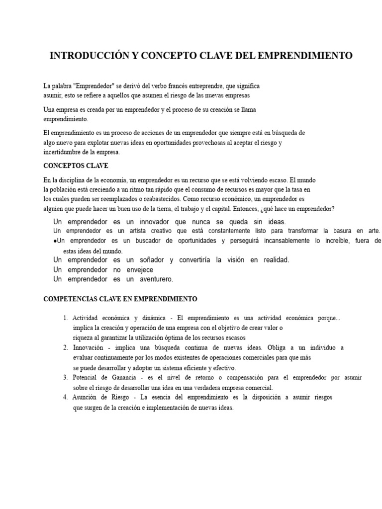 Introducción y Concepto Clave de Emprendimiento | PDF | Iniciativa empresarial | Economias