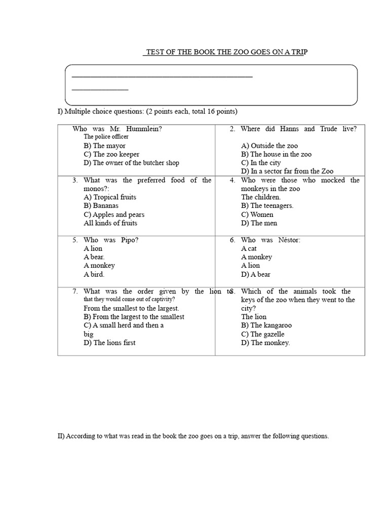 Zoo Trip and Matilda Book Test Questions | PDF