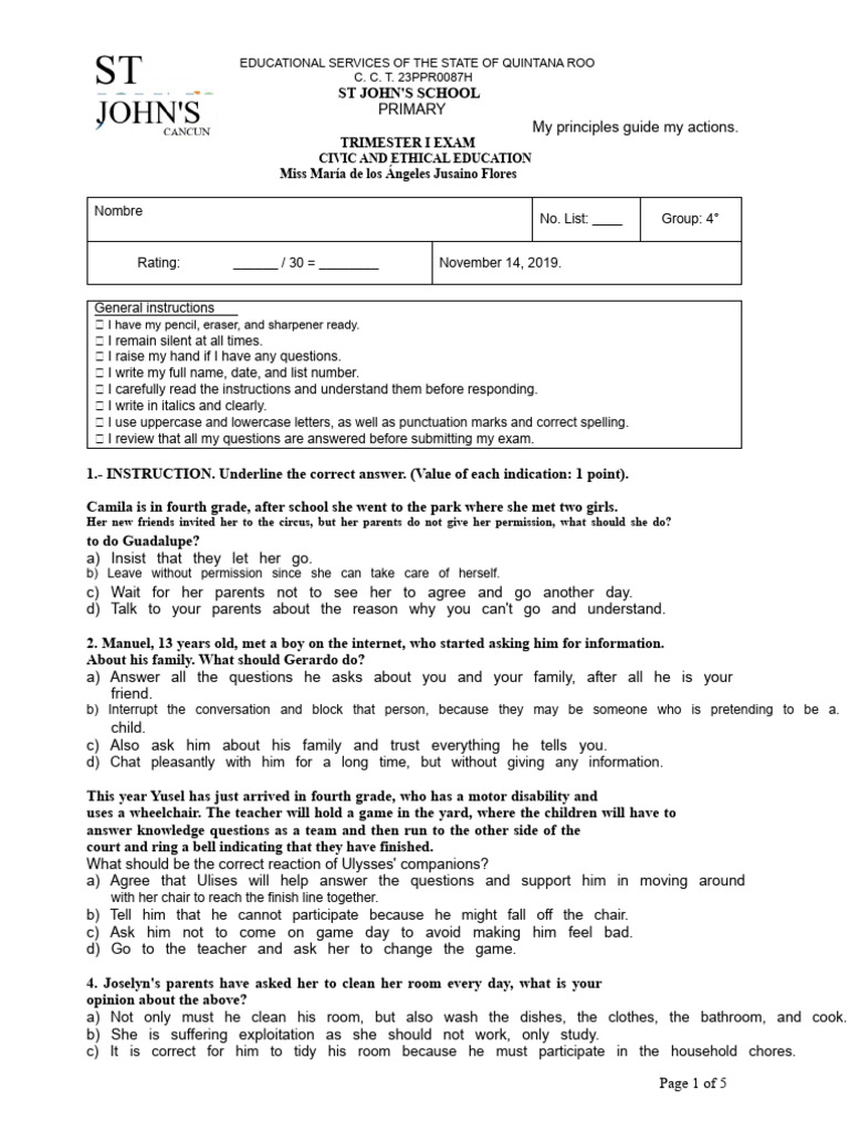 Fourth Grade Exam Trimester 1 Civics Modified November 7 | PDF