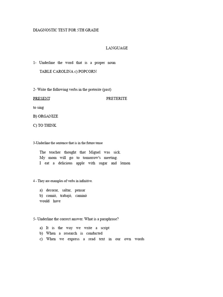 Diagnostic Test 5th Grade | PDF | Verb | Subject (Grammar)