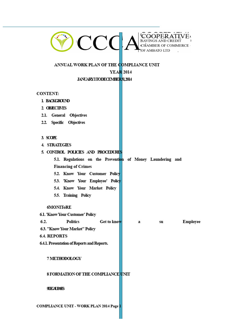 Compliance Unit Work Plan 2014 | PDF | Regulatory Compliance | Money ...