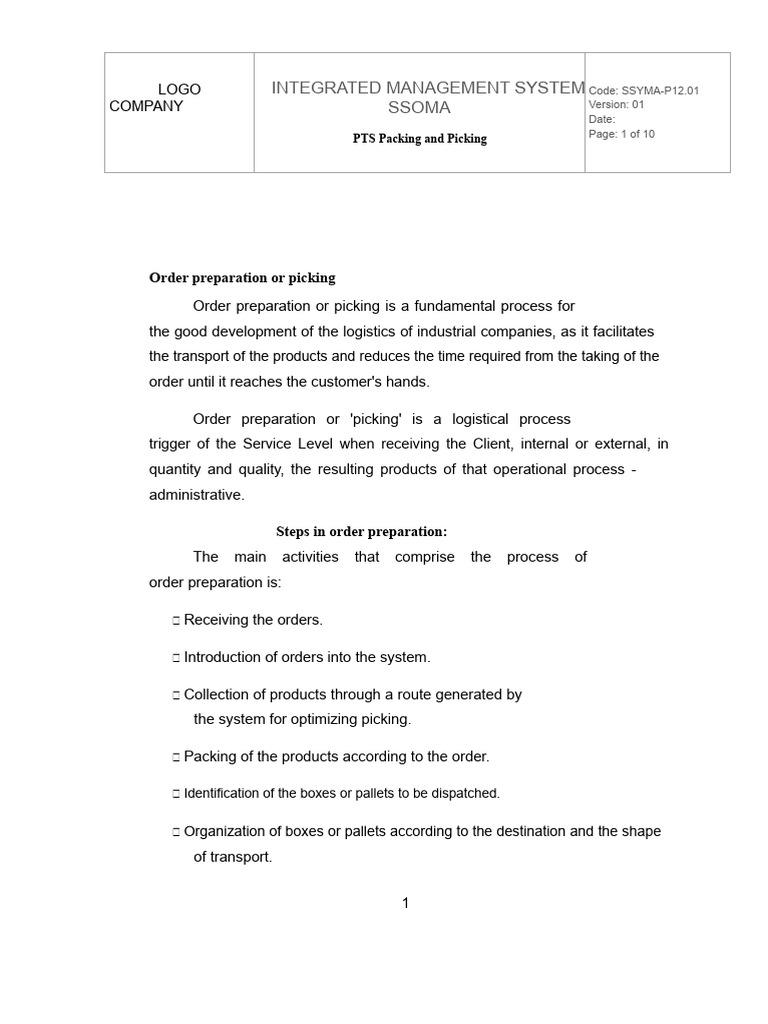 WORK PROCEDURE - Picking and Packing | PDF | Warehouse | Logistics