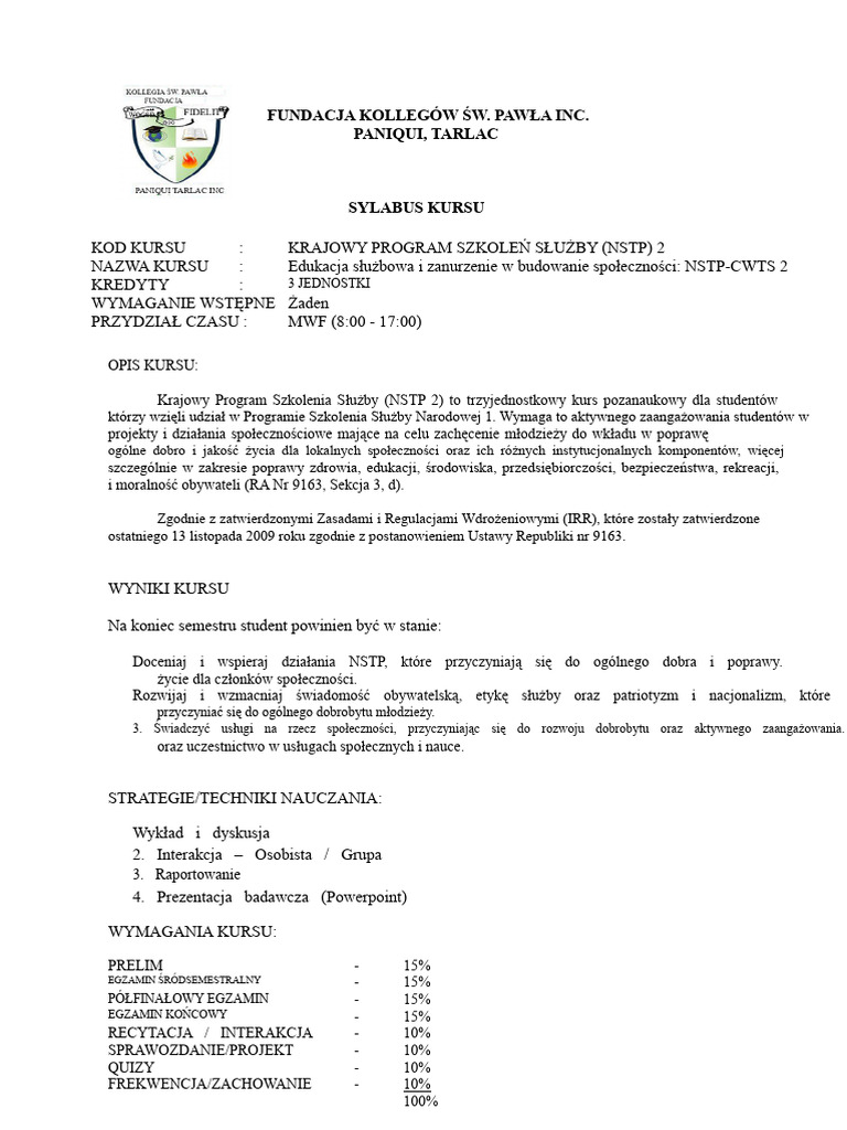 NSTP 2 Syllabus Drugi Semestr | PDF