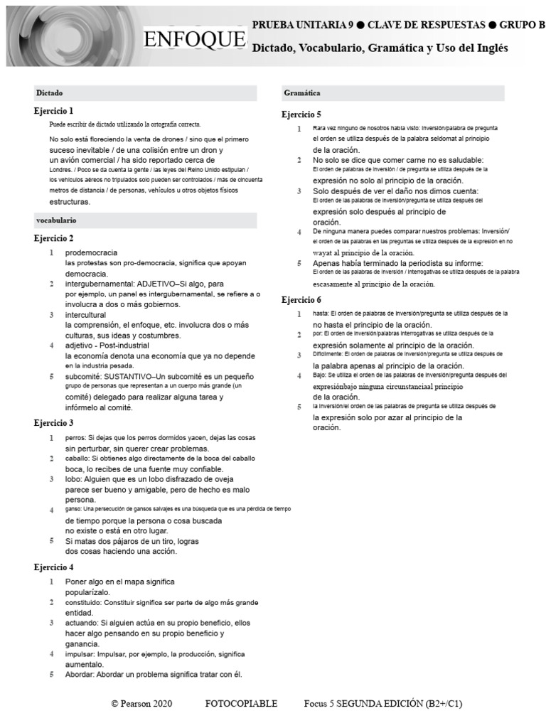 Focus5 2E Prueba de Unidad Unidad9 Dictado Vocabulario Gramática UoE ...