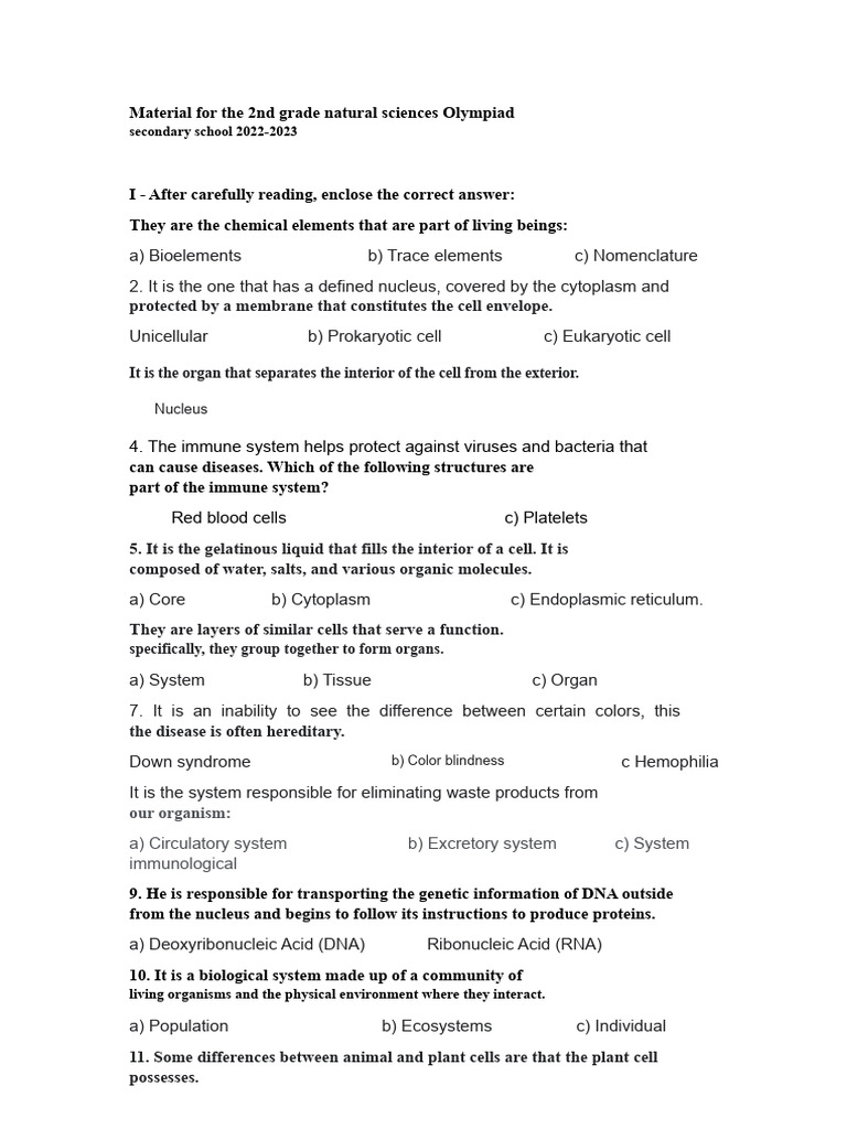 Material For The 2nd Grade Natural Sciences Olympiad | PDF | Cell ...