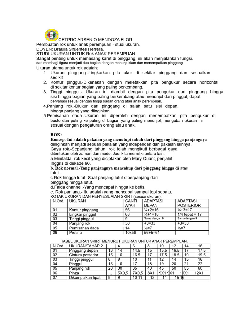 Pembuatan Rok Untuk Anak Perempuan - Studi Ukuran | PDF