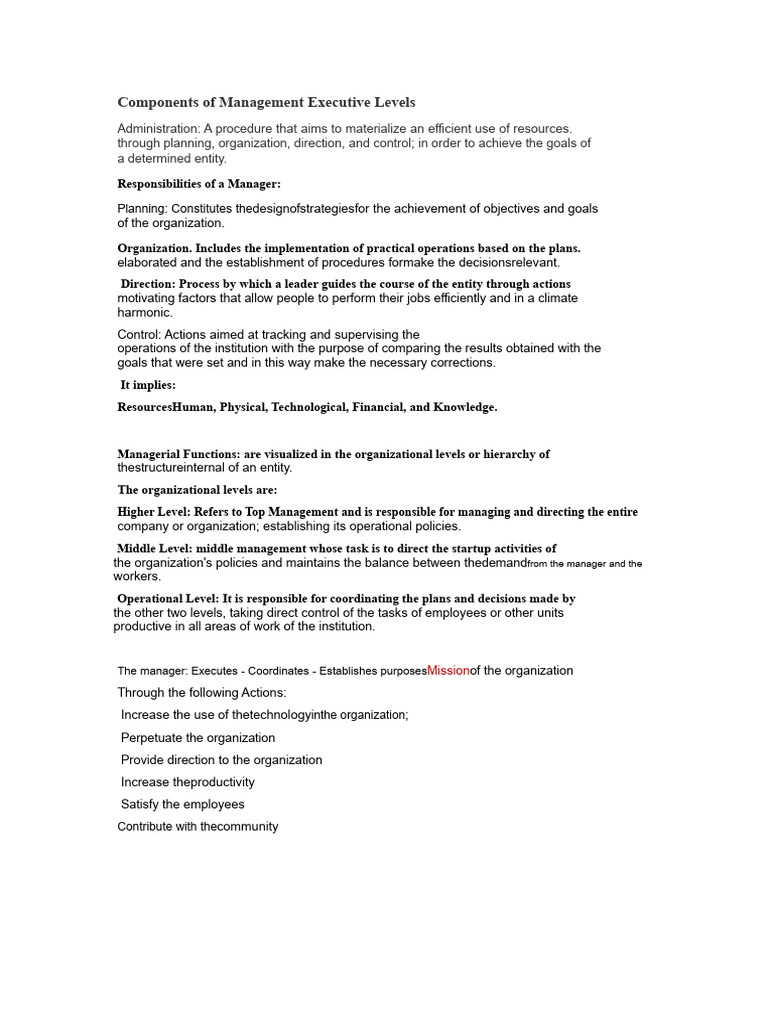 Components of Managerial Executive Levels | PDF