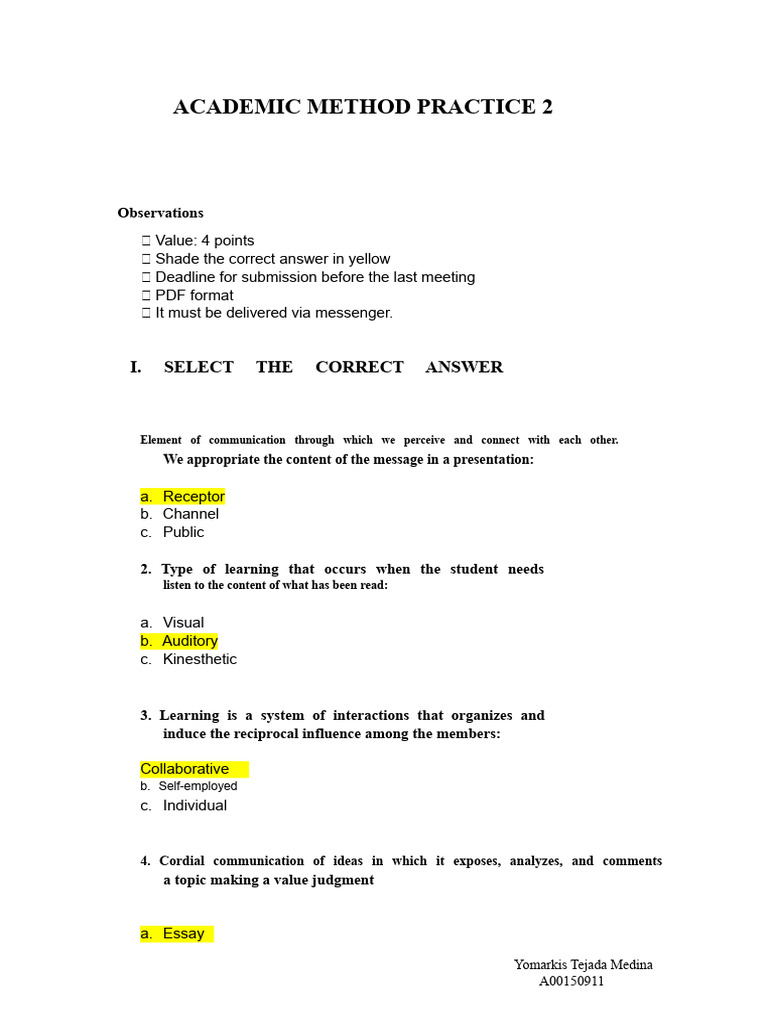 Academic Method Practice Questions | PDF | Communication | Learning