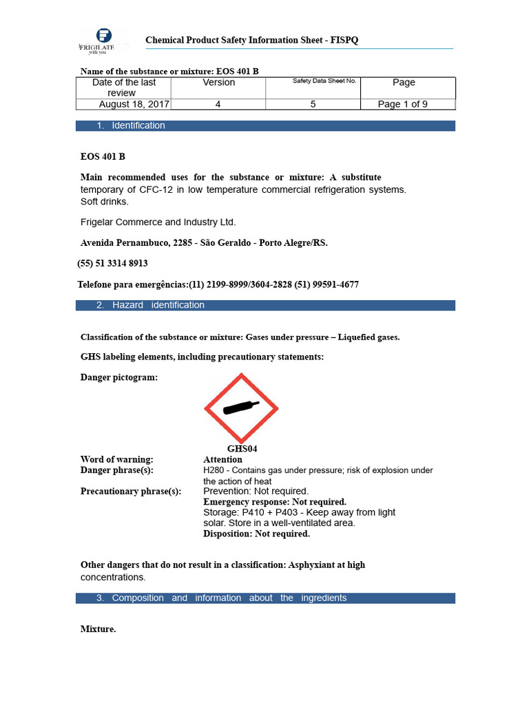 EOS 401 B Safety Data Sheet Overview | PDF | Leak | Personal Protective ...