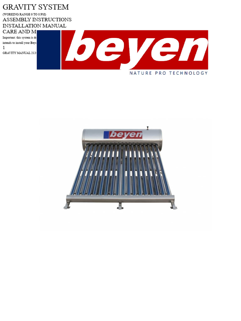 Beyen Solar Heater Gravity Manual | PDF | Valve | Water Heating