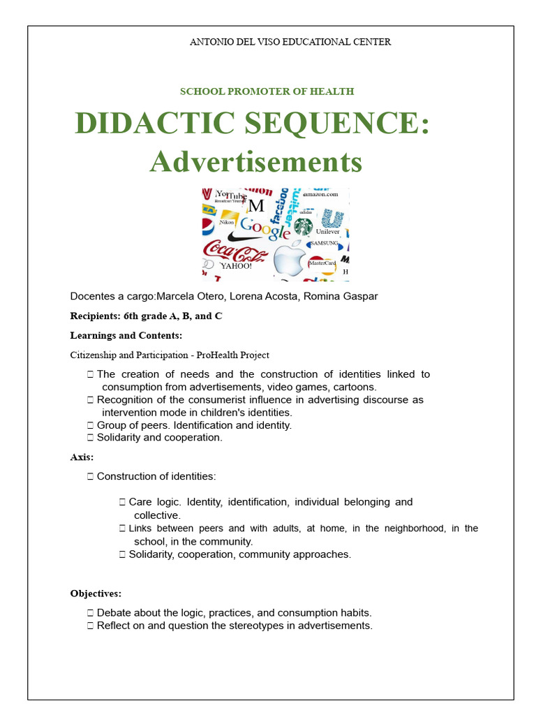Didactic Sequence - ADVERTISEMENTS - ProHealth | PDF | Advertising | Critical Thinking