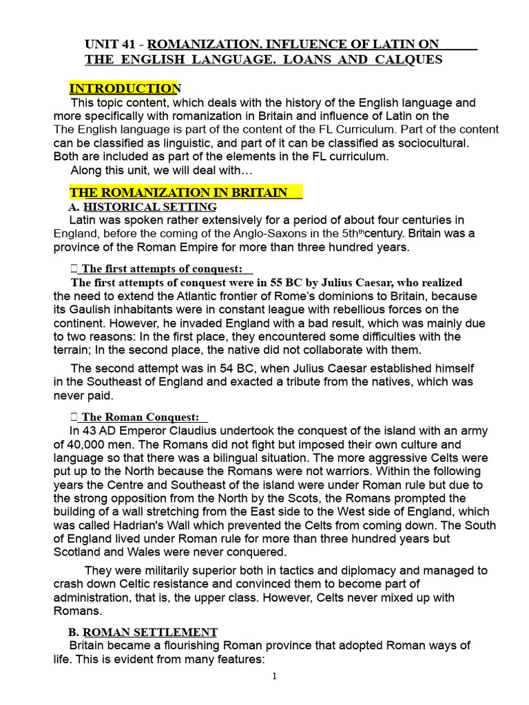 Theme 41 - Romanization. Influence of Latin On The English Language | PDF | Celts | Roman Britain