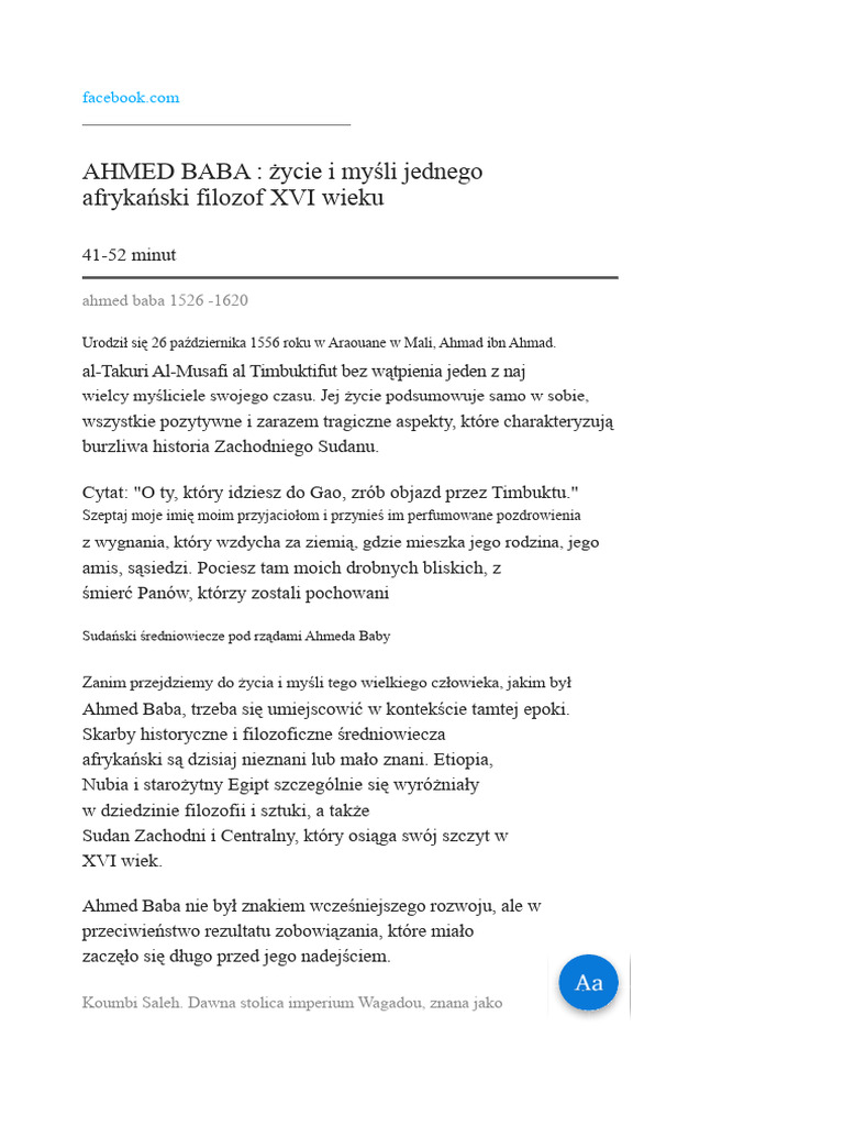 AHMED BABA Życie I Myśl Afrykańskiego Filozofa Z XVI Wieku | PDF