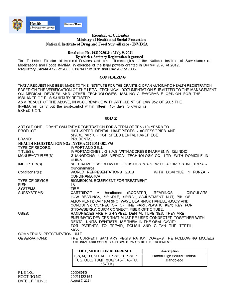 Sanitary Registration Invima High-Speed Dental Pieces | PDF | Medical ...
