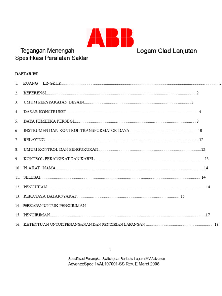 Spesifikasi ABB MV SWGR | PDF