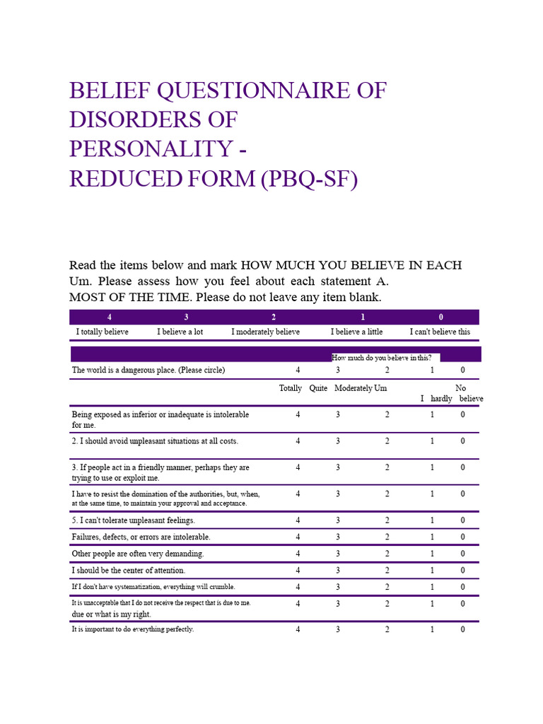 PBQ-SF: Personality Belief Assessment | PDF | Personality Disorder ...