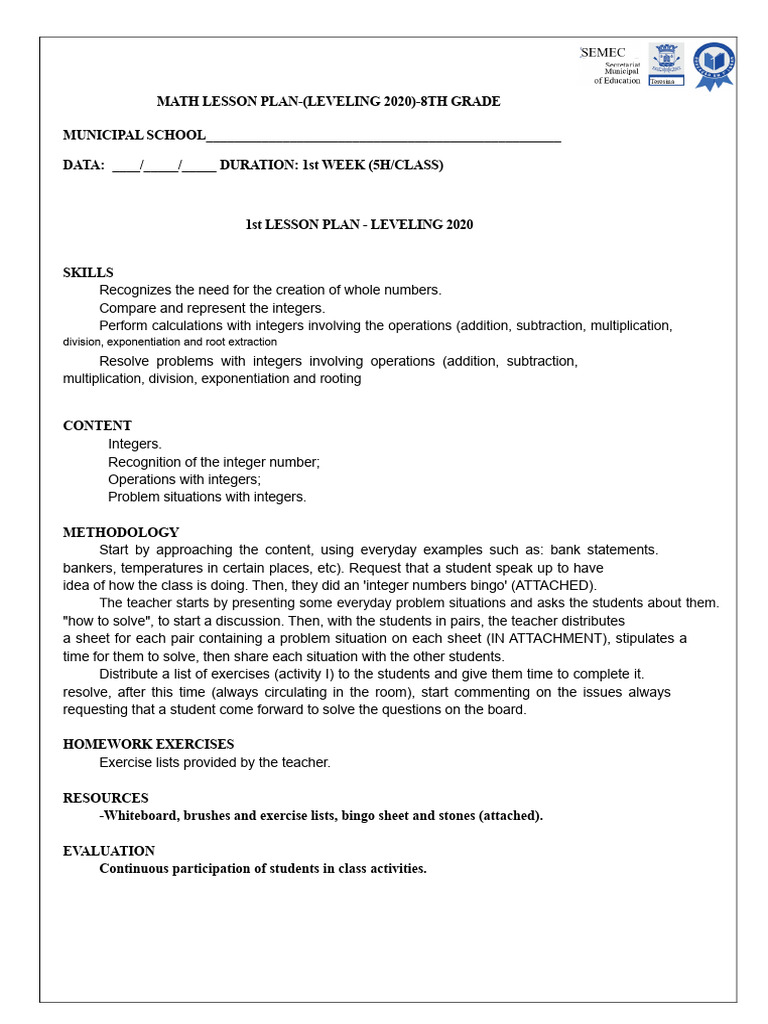 Lesson Plan Ametatics - 8TH Grade | PDF | Numbers | Integer