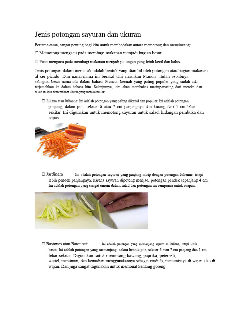 Jenis Potongan Sayuran Dan Ukuran | PDF