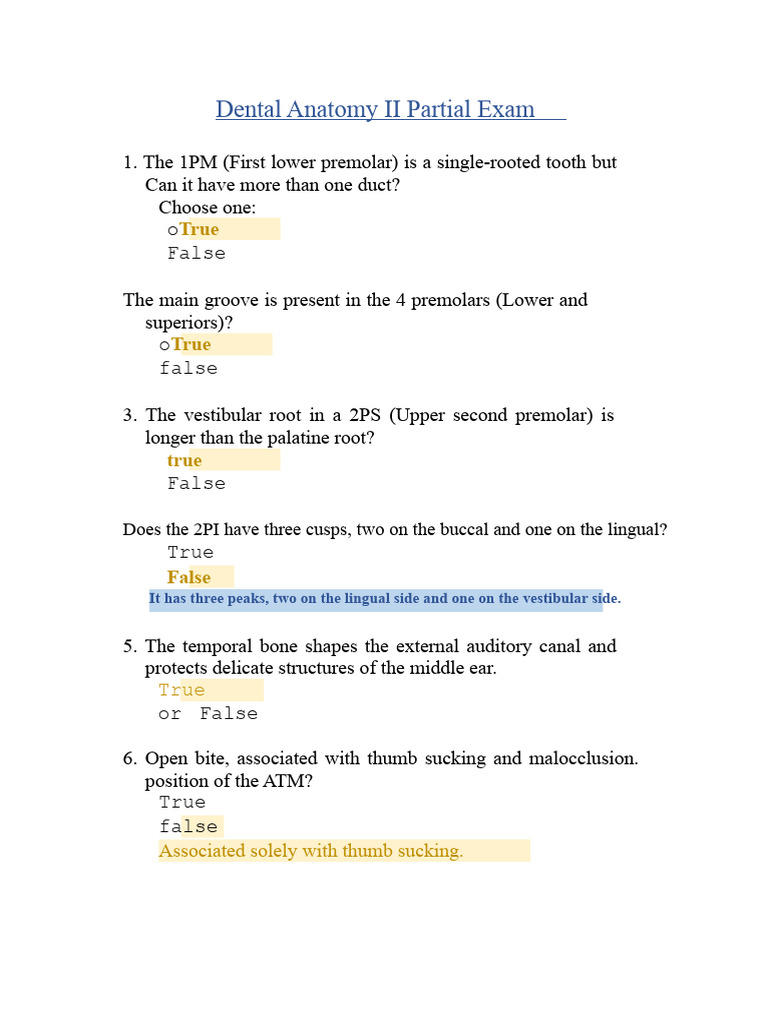 Dental Anatomy II Partial Exam | PDF