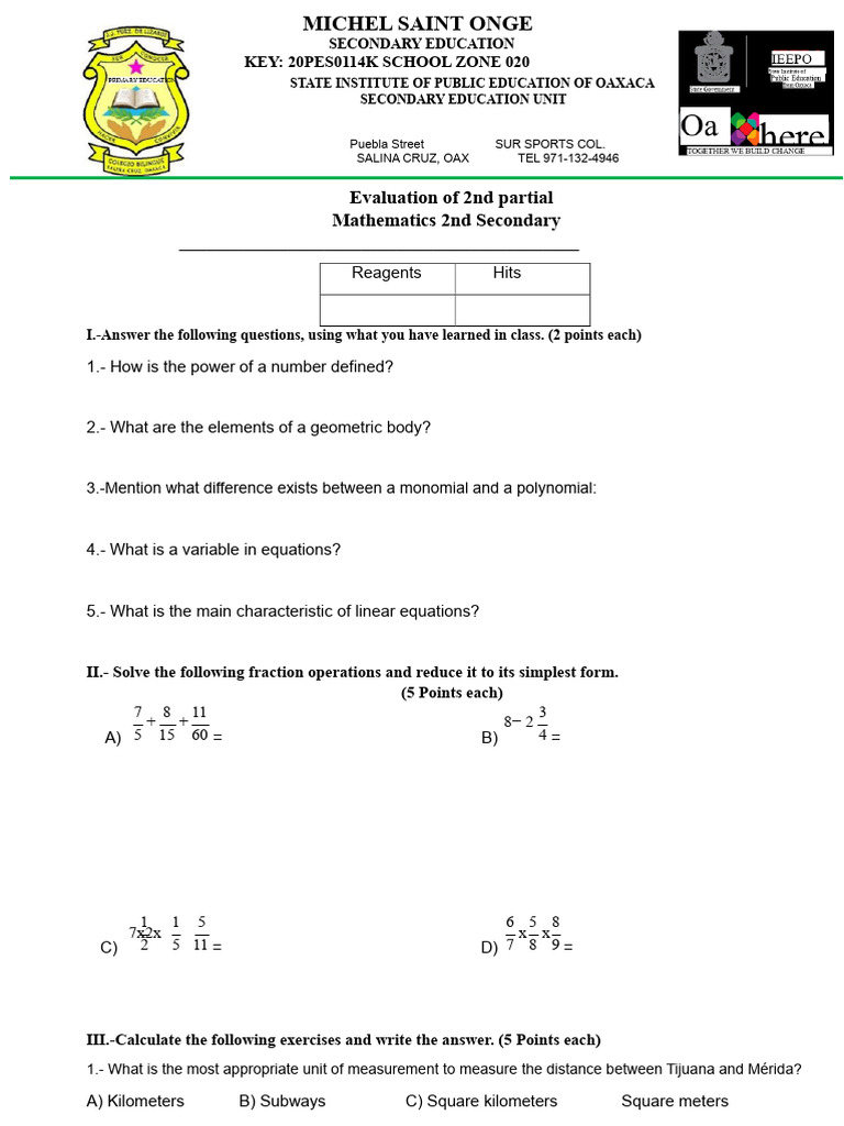 2nd Secondary Mathematics Exam 2nd Partial 2021 Option B | PDF ...