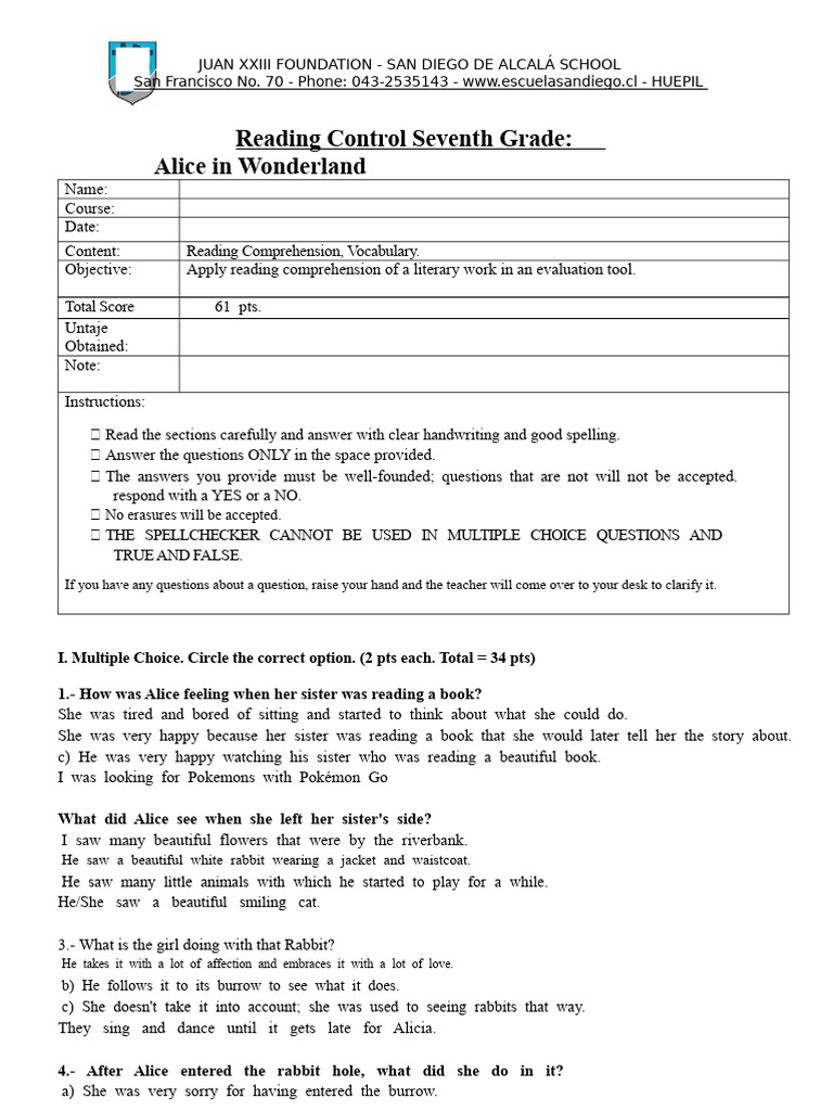 Seventh Grade Reading Comprehension: Alice | PDF | Multiple Choice ...