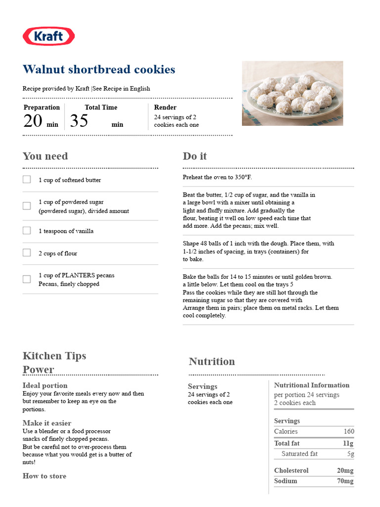 Walnut Shortbread Recipe - Kraft Food | PDF | Nutrition Facts Label | Sugar