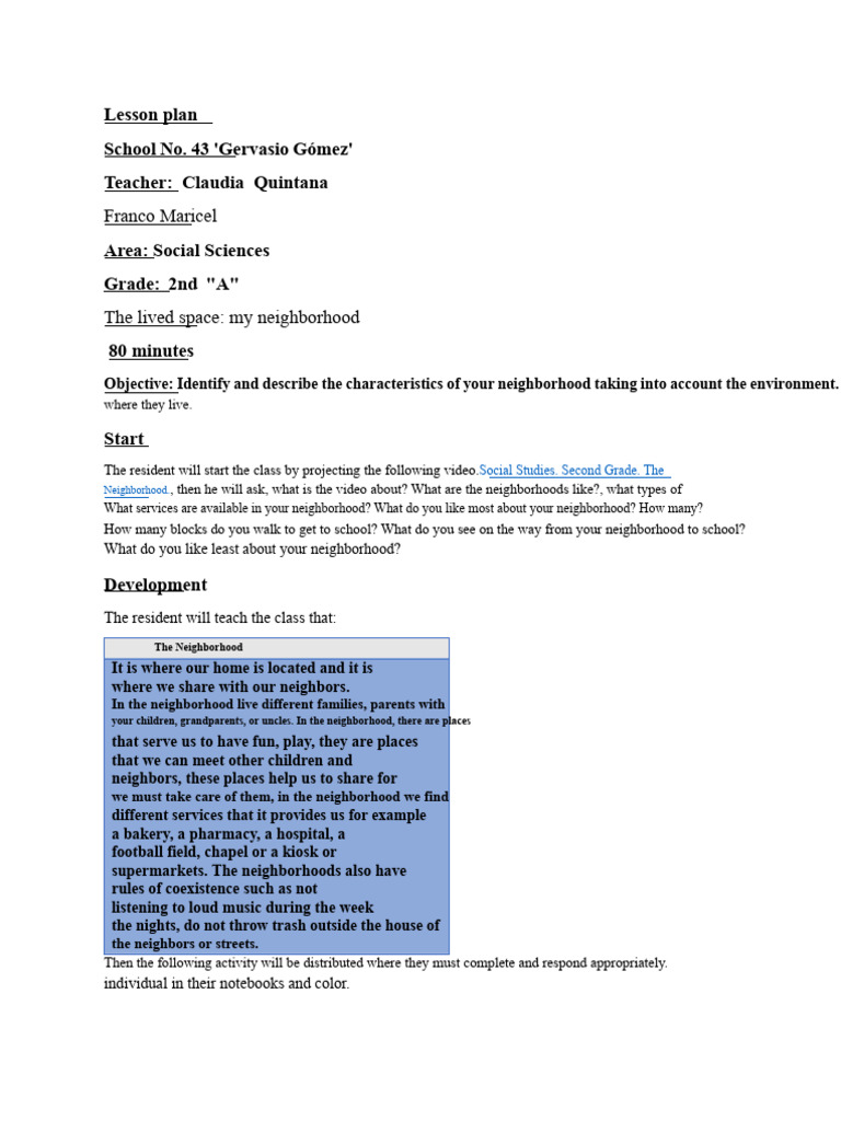 Social Studies Lesson Plan: My Neighborhood | PDF