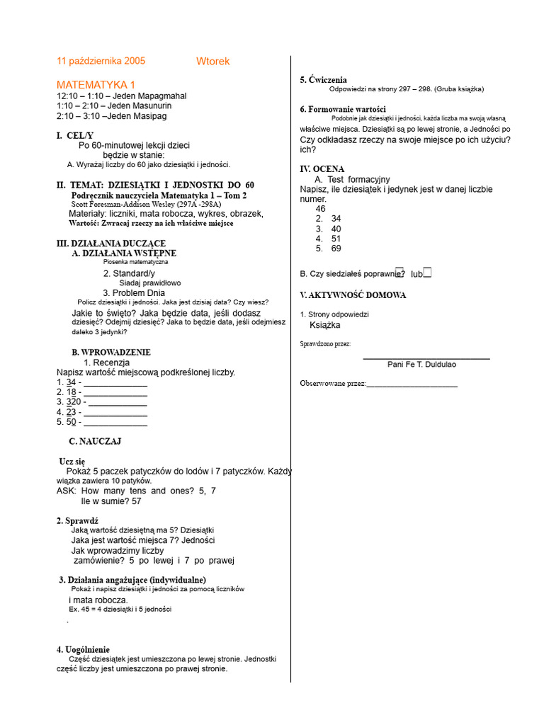 Plan Lekcji Matematyki Klasa 1 Na Temat Pieniędzy | PDF
