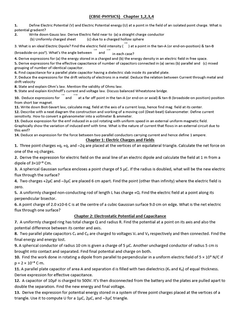 IMP Questions For 12th (CH 1,2,3,4) | PDF | Magnetic Field | Capacitor