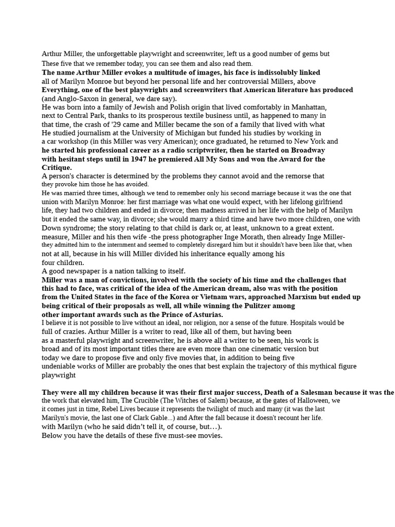 Arthur Miller Works To Read | PDF