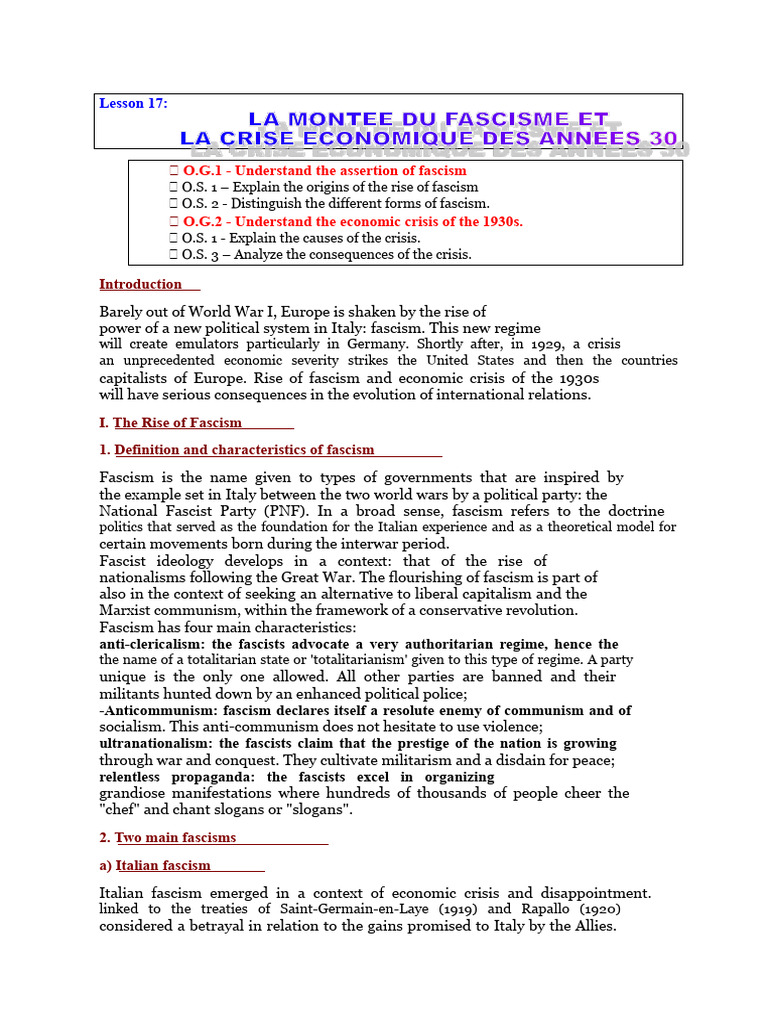 Lesson 17 - The Rise of Fascism and The Economic Crisis of The 1930s ...