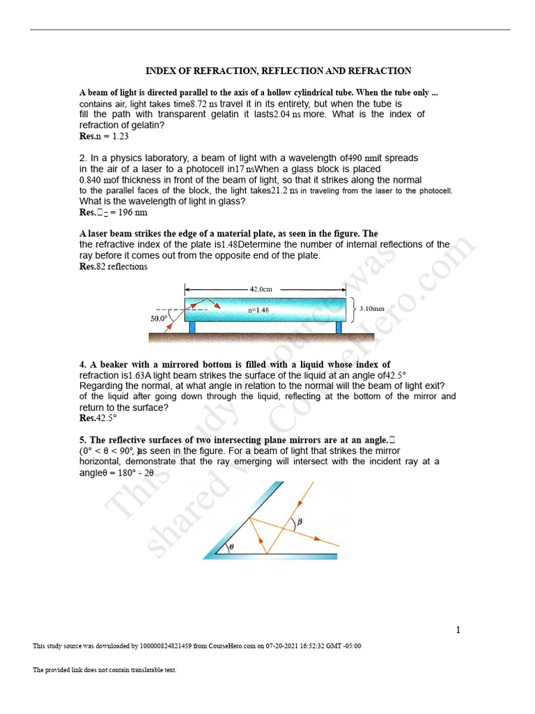 Task Index of Refraction Reflection and Refraction PDF | PDF ...