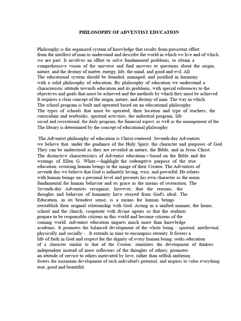 Adventist Education Philosophy Explained | PDF | Knowledge | Philosophy ...