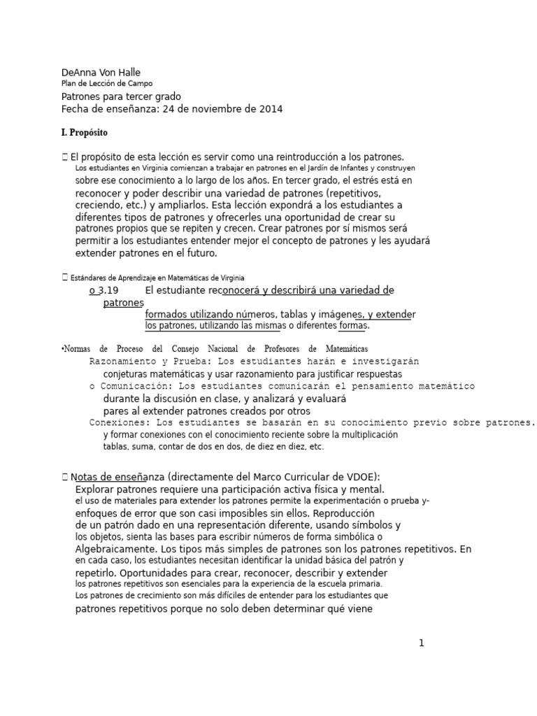 Plan de Lección de Patrones | PDF | Instrucción diferenciada